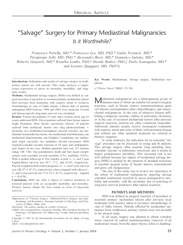 (PDF) ???Salvage??? Surgery for Primary Mediastinal Malignancies