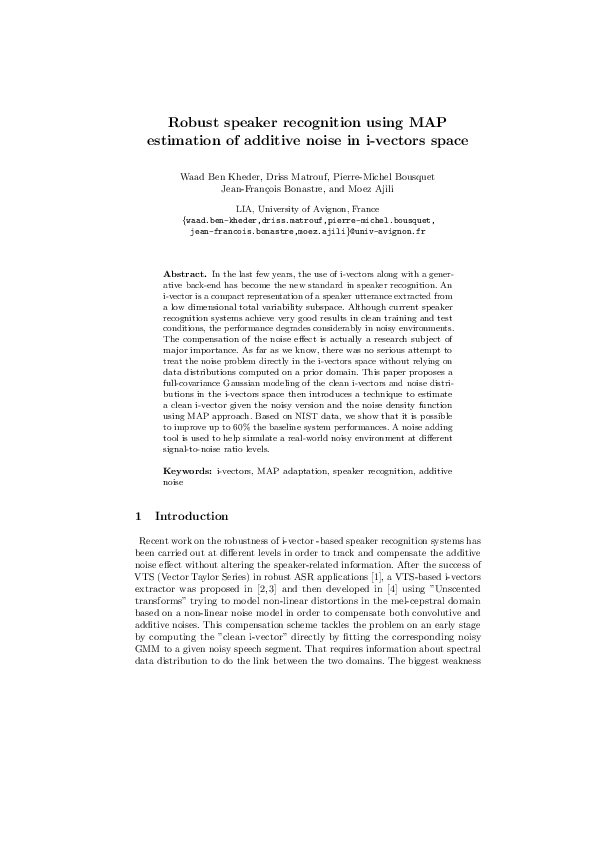 Robust speaker recognition using MAP estimation of additive noise in i-vectors space | Waad Ben ...