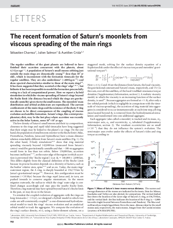 (PDF) The recent formation of Saturn's moonlets from viscous spreading ...