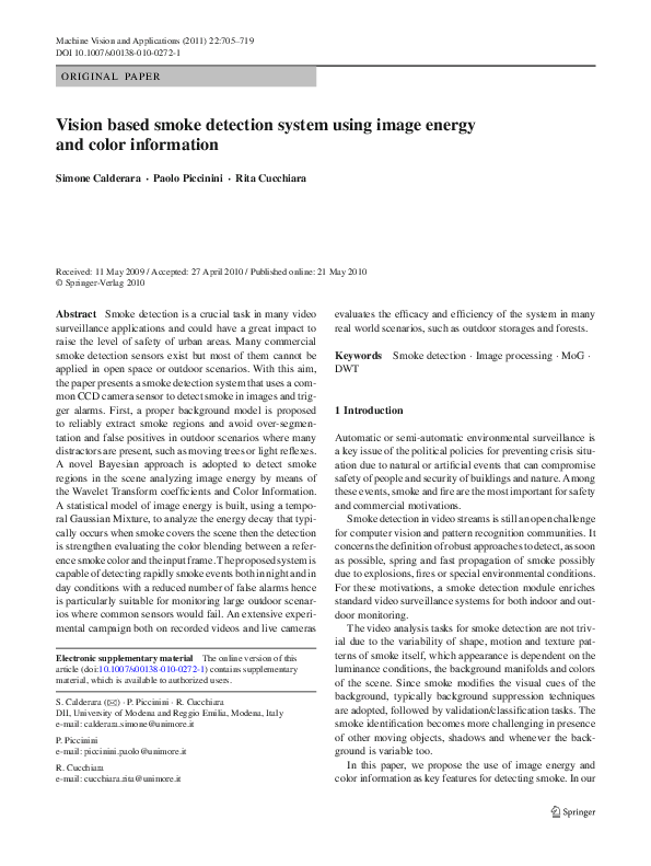 Pdf Vision Based Smoke Detection System Using Image Energy And Color