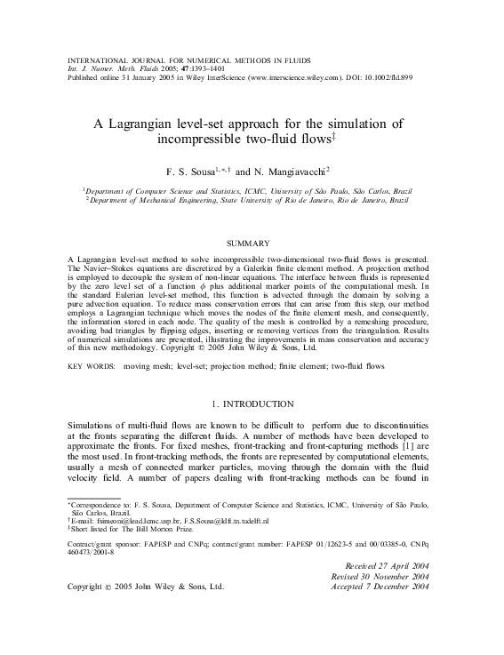 (PDF) A Lagrangian level-set approach for the simulation of incompressible two-fluid flows