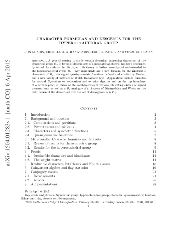 (PDF) Character formulas and descents for the hyperoctahedral group