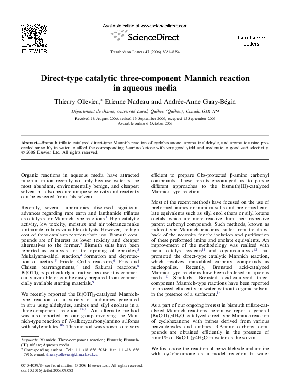 (PDF) Direct-Type Catalytic Three-Component Mannich Reaction in Aqueous ...