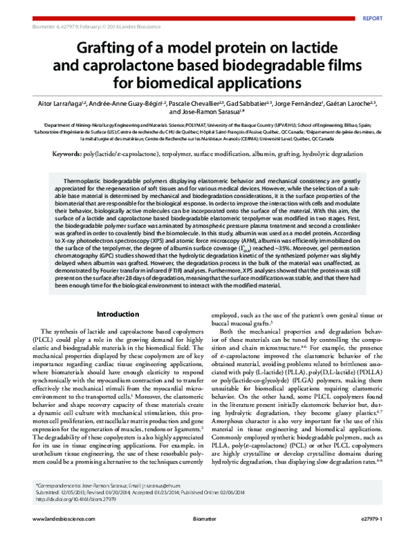 (PDF) Grafting of a model protein on lactide and caprolactone based ...