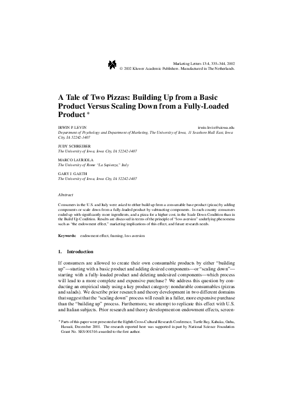 (PDF) A tale of two pizzas: building up from a basic product versus ...