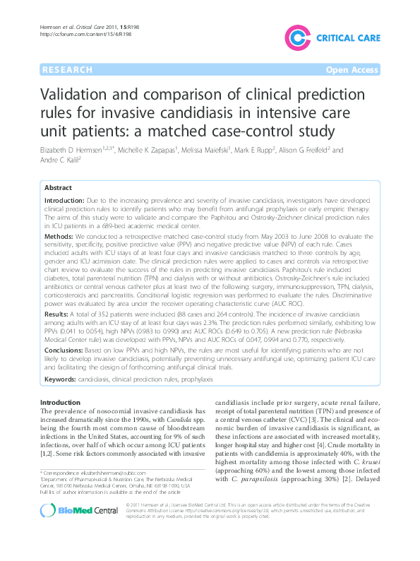 (PDF) Validation and comparison of clinical prediction rules for invasive candidiasis in ...