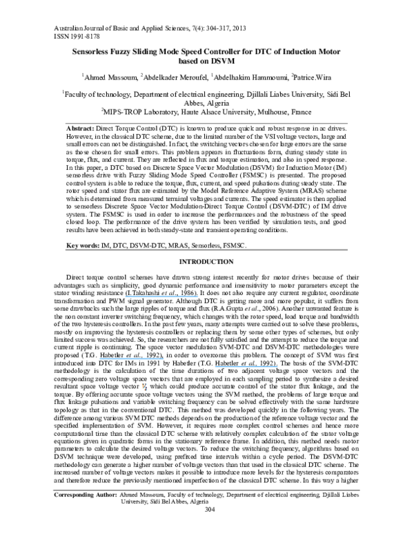 Pdf Sensorless Fuzzy Sliding Mode Speed Controller For Dtc Of Induction Motor Based On Dsvm