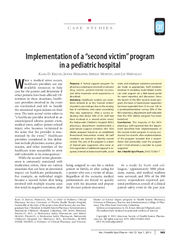 (PDF) Implementation of a "second victim" program in a pediatric hospital