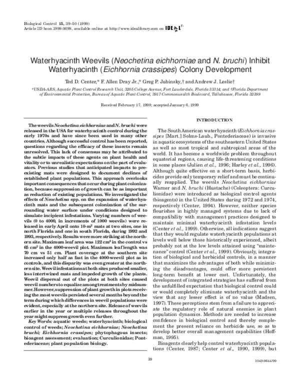 (PDF) Waterhyacinth Weevils (Neochetina eichhorniaeandN. bruchi ...