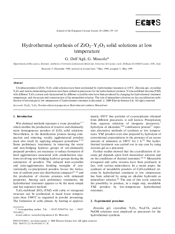 (PDF) Hydrothermal synthesis of ZrO2–Y2O3 solid solutions at low temperature