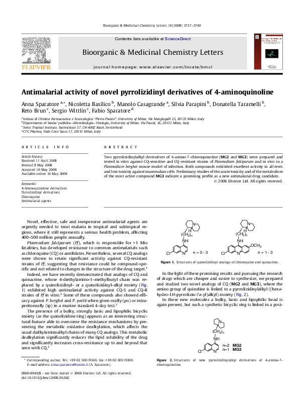 (PDF) Antimalarial activity of novel pyrrolizidinyl derivatives of 4-aminoquinoline