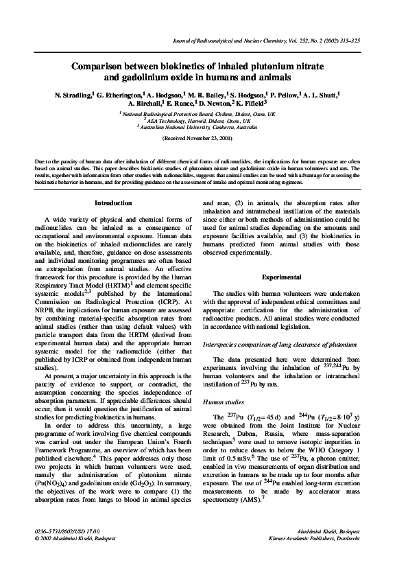 (PDF) Comparison between biokinetics of inhaled plutonium nitrate and ...