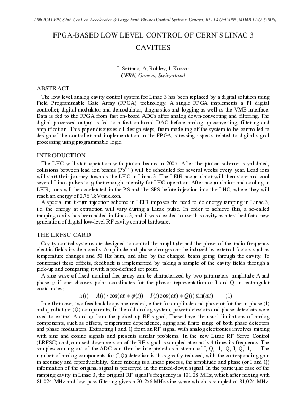 (PDF) FPGA-BASED LOW LEVEL CO NTROL OF CERN'S LINAC 3 CAVITIES