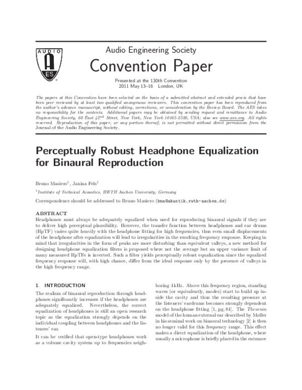 (PDF) Perceptually robust headphone equalization for binaural reproduction