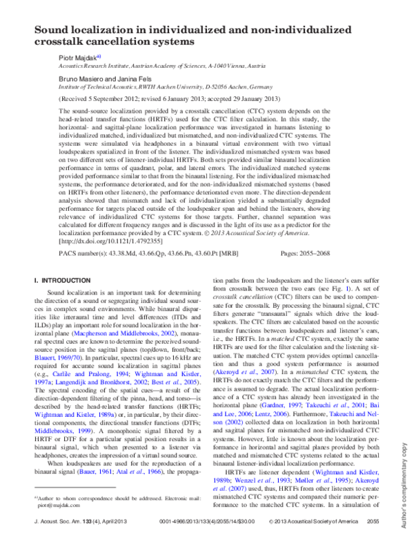 Pdf Sound Localization In Individualized And Non Individualized Crosstalk Cancellation Systems