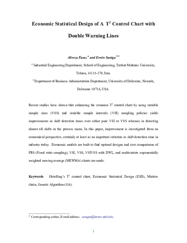 Pdf Economic Statistical Design Of A T 2 Control Chart With Double Warning Lines