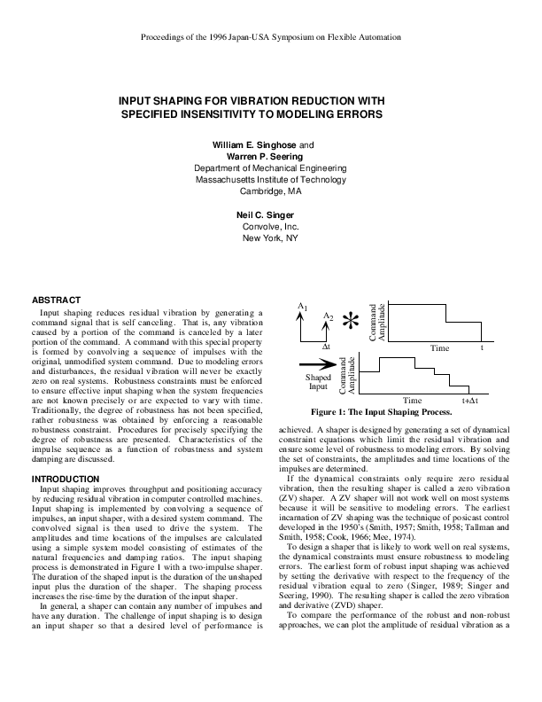 Pdf Input Shaping For Vibration Reduction With Specified