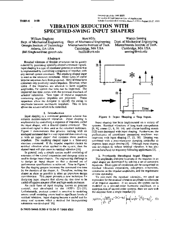 Vibration Reduction With Specified Swing Input Shapers
