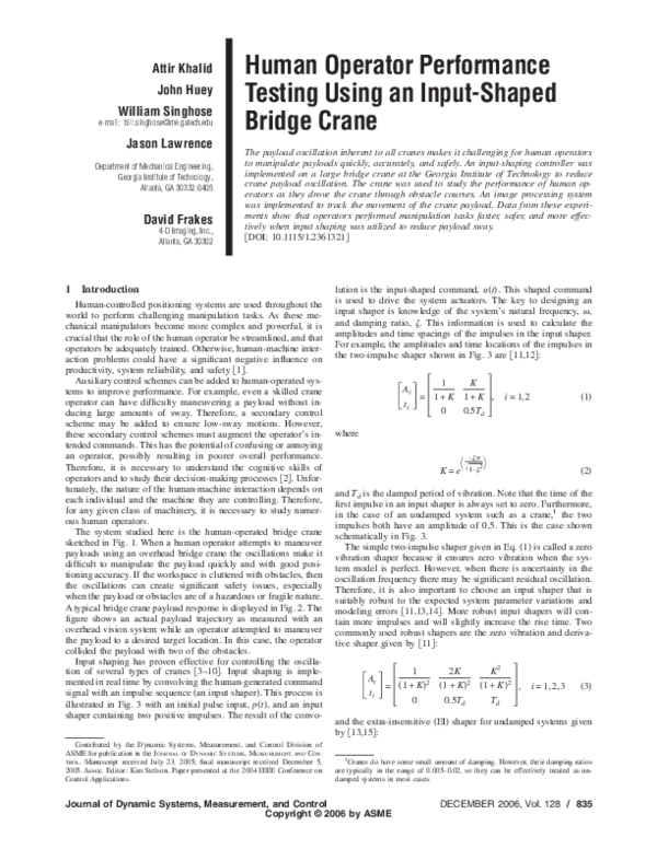 (PDF) Human Operator Performance Testing Using an Input-Shaped Bridge Crane