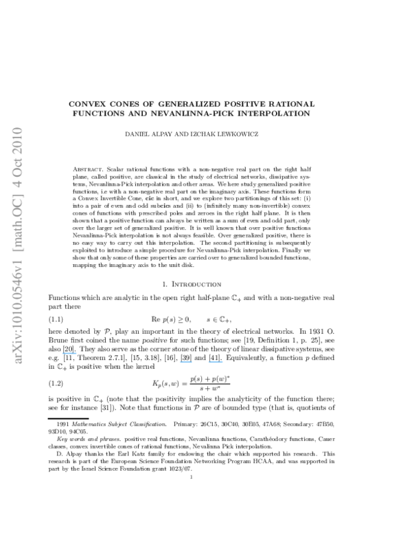 Pdf Convex Cones Of Generalized Positive Rational Functions And The Nevanlinna Pick Interpolation