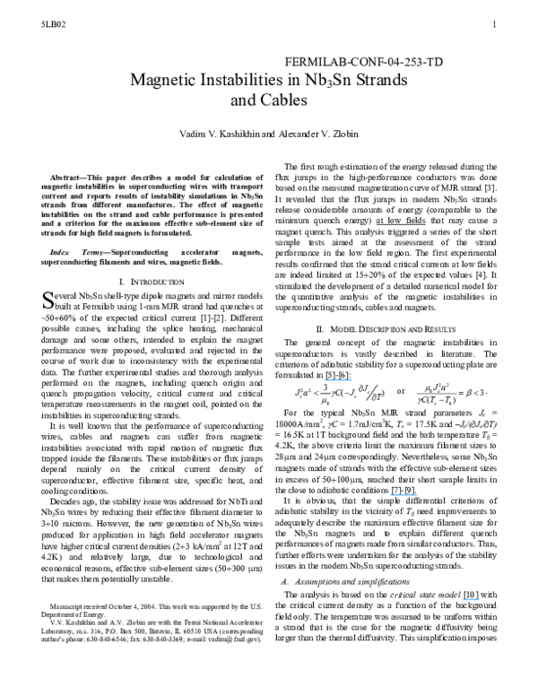 (PDF) Magnetic Instabilities in $rm Nb_3rm Sn$ Strands and Cables