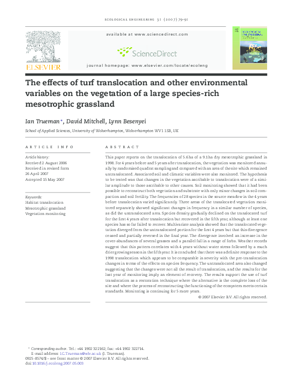 (PDF) The effects of turf translocation and other environmental ...