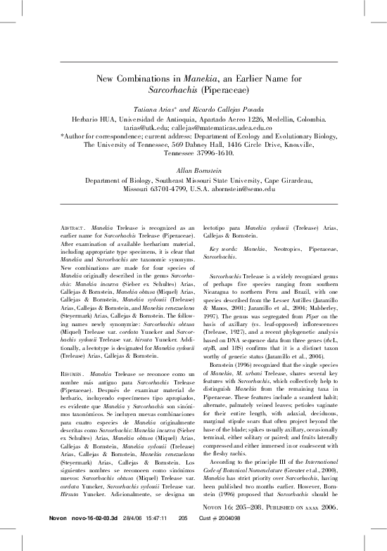 (PDF) New Combinations in Manekia, an Earlier Name for Sarcorhachis ...
