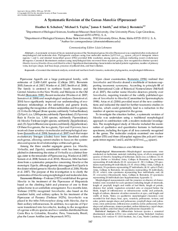(PDF) A Systematic Revision of the Genus Manekia (Piperaceae)