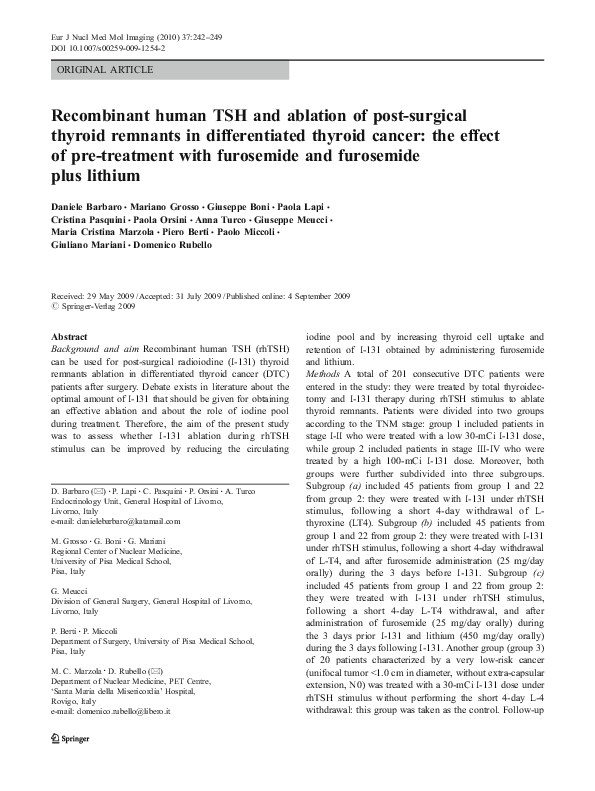 (PDF) Recombinant human TSH and ablation of post-surgical thyroid ...