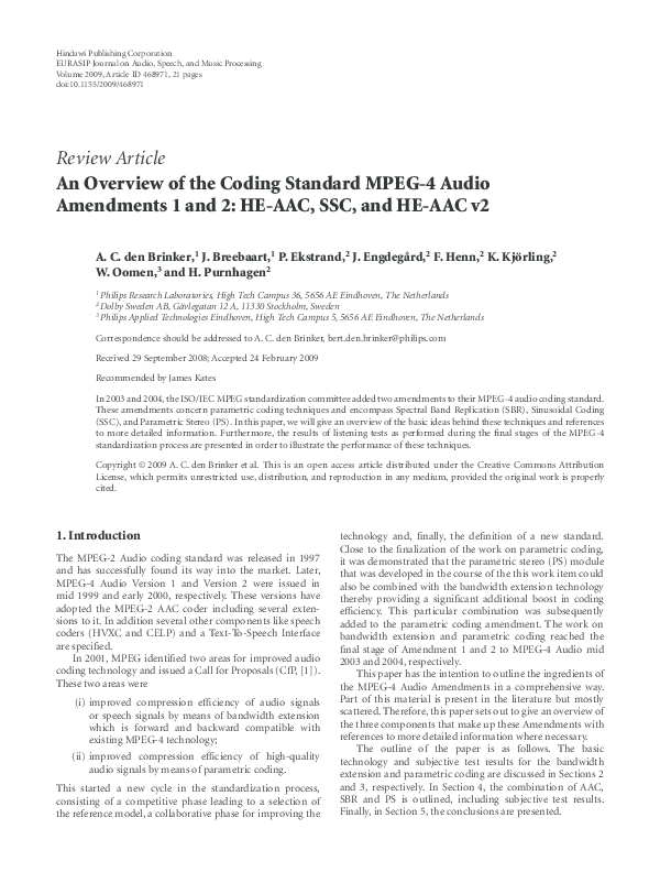 (PDF) An Overview of the Coding Standard MPEG-4 Audio Amendments 1 and 2: HE-AAC, SSC, and HE-AAC v2