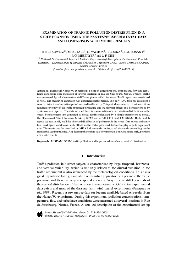 Pdf Examination Of Traffic Pollution Distribution In A Street Canyon Using The Nantes99