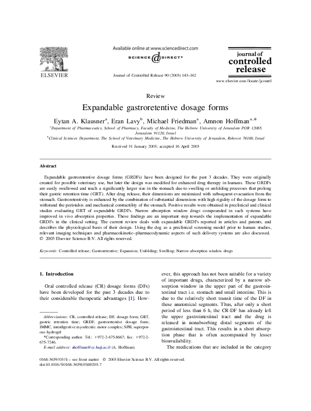 Pdf Expandable Gastroretentive Dosage Forms