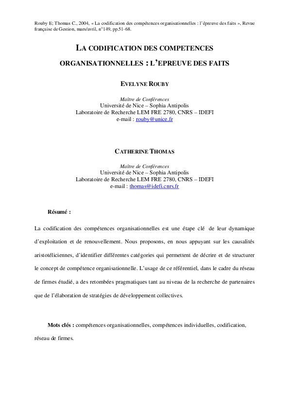 (PDF) La codification des compétences organisationnelles. L'épreuve des ...