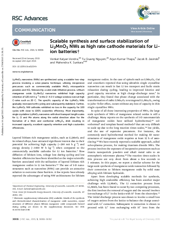 (PDF) Scalable Synthesis and Surface Stabilization of Li2MnO3 NWs as High Rate Cathode Materials ...