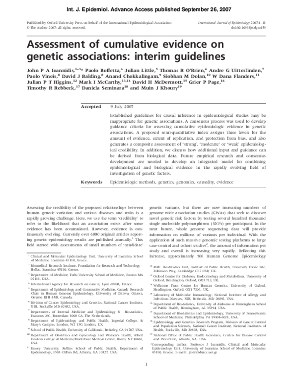 (PDF) Assessment of cumulative evidence on genetic associations ...