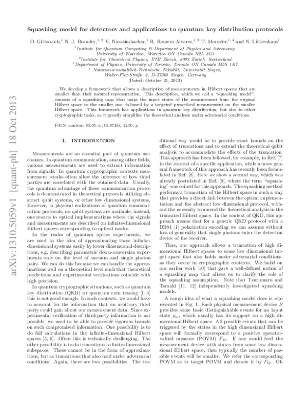 (PDF) Squashing model for detectors and applications to quantum key distribution protocols ...