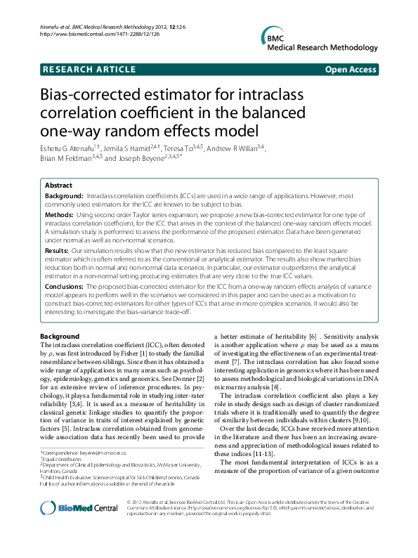 Pdf Bias Corrected Estimator For Intraclass Correlation Coefficient In The Balanced One Way