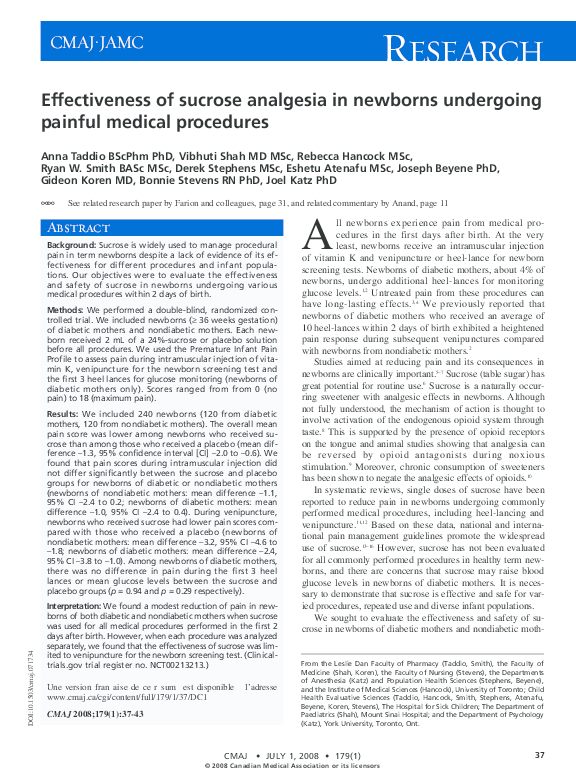 (PDF) Effectiveness of sucrose analgesia in newborns undergoing painful ...