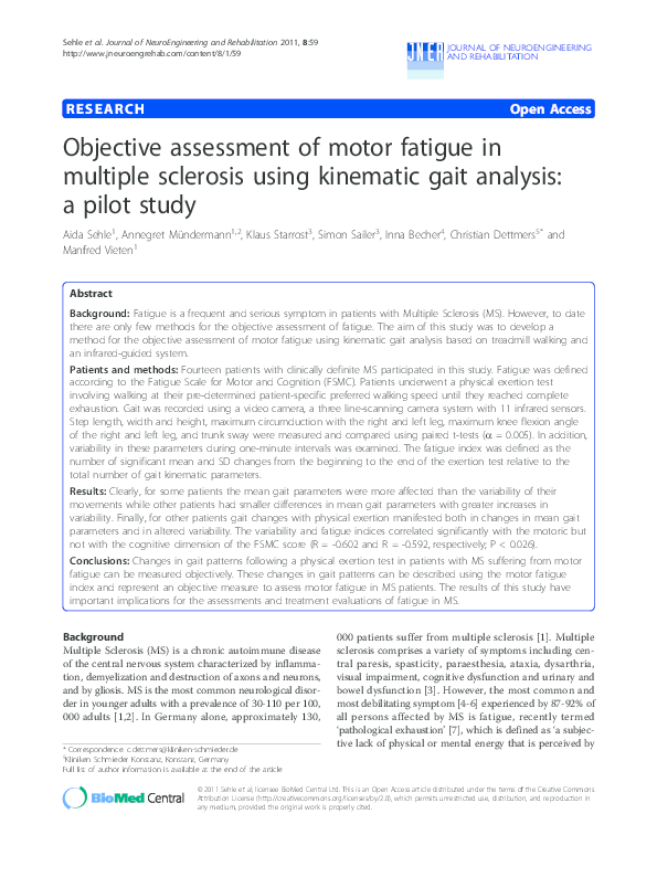 (PDF) Objective assessment of motor fatigue in multiple sclerosis using kinematic gait analysis ...