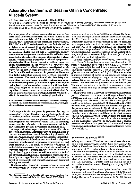 (PDF) Adsorption isotherms of sesame oil in a concentrated miscella system