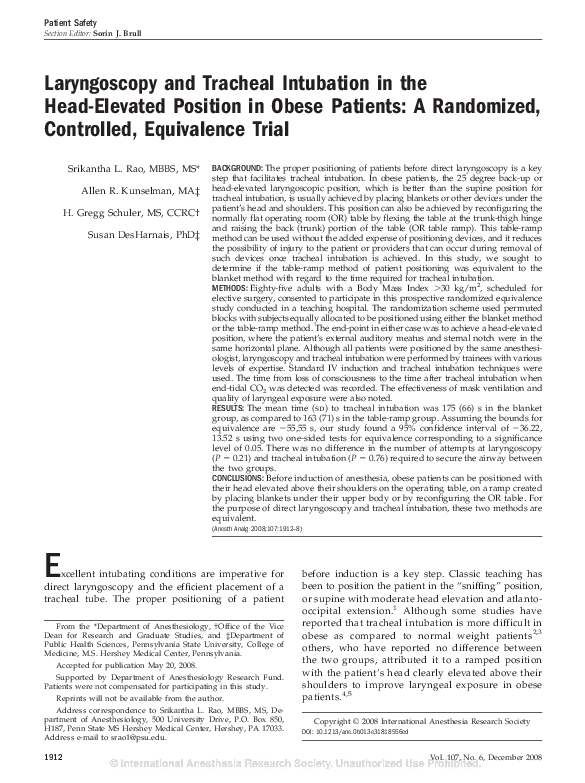 (PDF) Laryngoscopy and Tracheal Intubation in the Head-Elevated ...