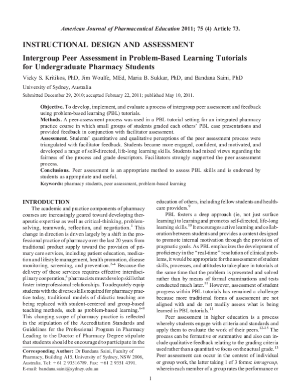 (PDF) Intergroup Peer Assessment in Problem-Based Learning Tutorials for Undergraduate Pharmacy ...