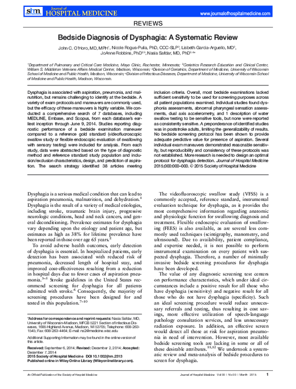 (PDF) Bedside diagnosis of dysphagia: A systematic review