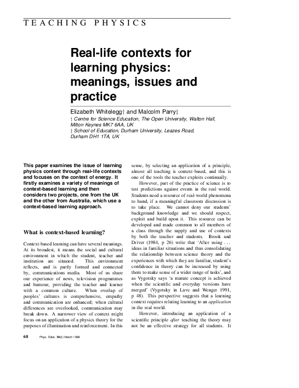 (PDF) Real-life contexts for learning physics: meanings, issues and ...