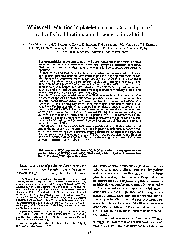 (PDF) White cell reduction in platelet concentrates and packed red ...