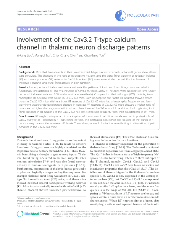 (PDF) Involvement of the Cav3.2 T-type calcium channel in thalamic ...