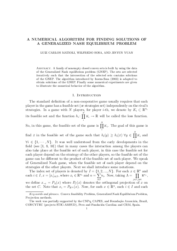 Pdf A Numerical Algorithm For Finding Solutions Of A Generalized Nash Equilibrium Problem 6493