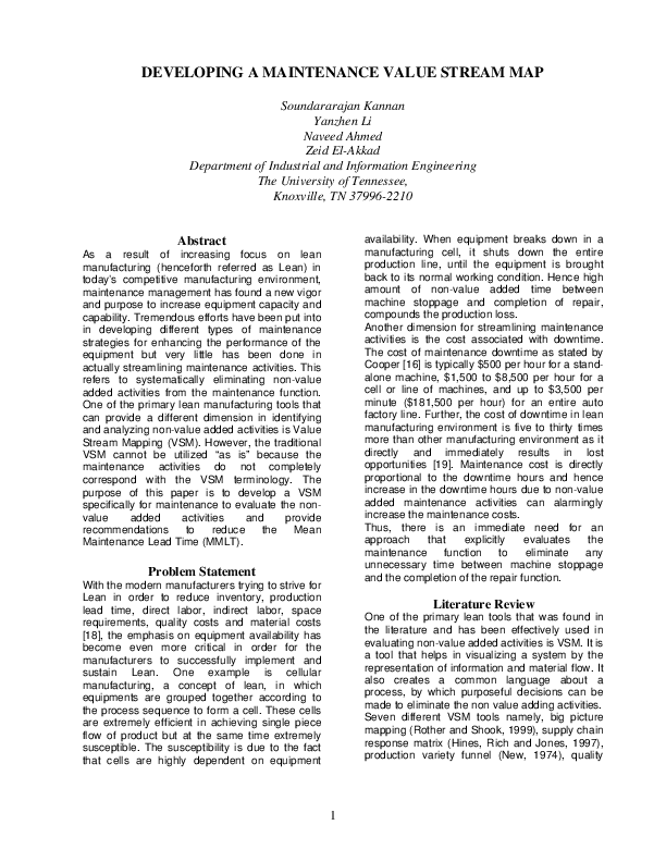 (PDF) Developing a Maintenance Value Stream Map