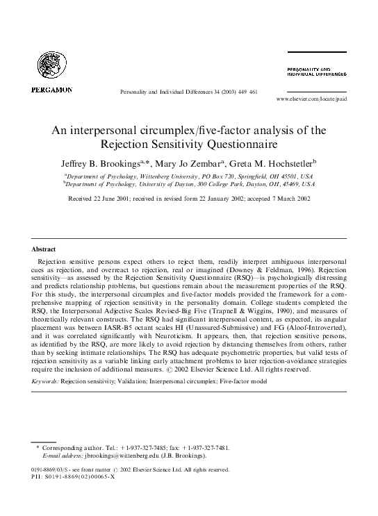 (PDF) An interpersonal circumplex/five-factor analysis of the Rejection ...