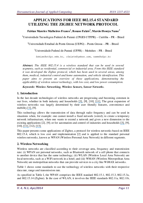 (PDF) Applications For IEEE 802.15.4 Standard Utilizing The ZigBee Network Protocol